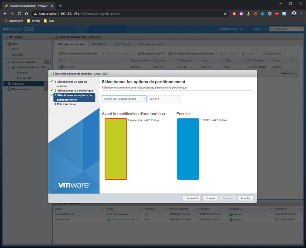 Création vmfs Vmware Esxi depuis interface web etape 3 selectionner les ...